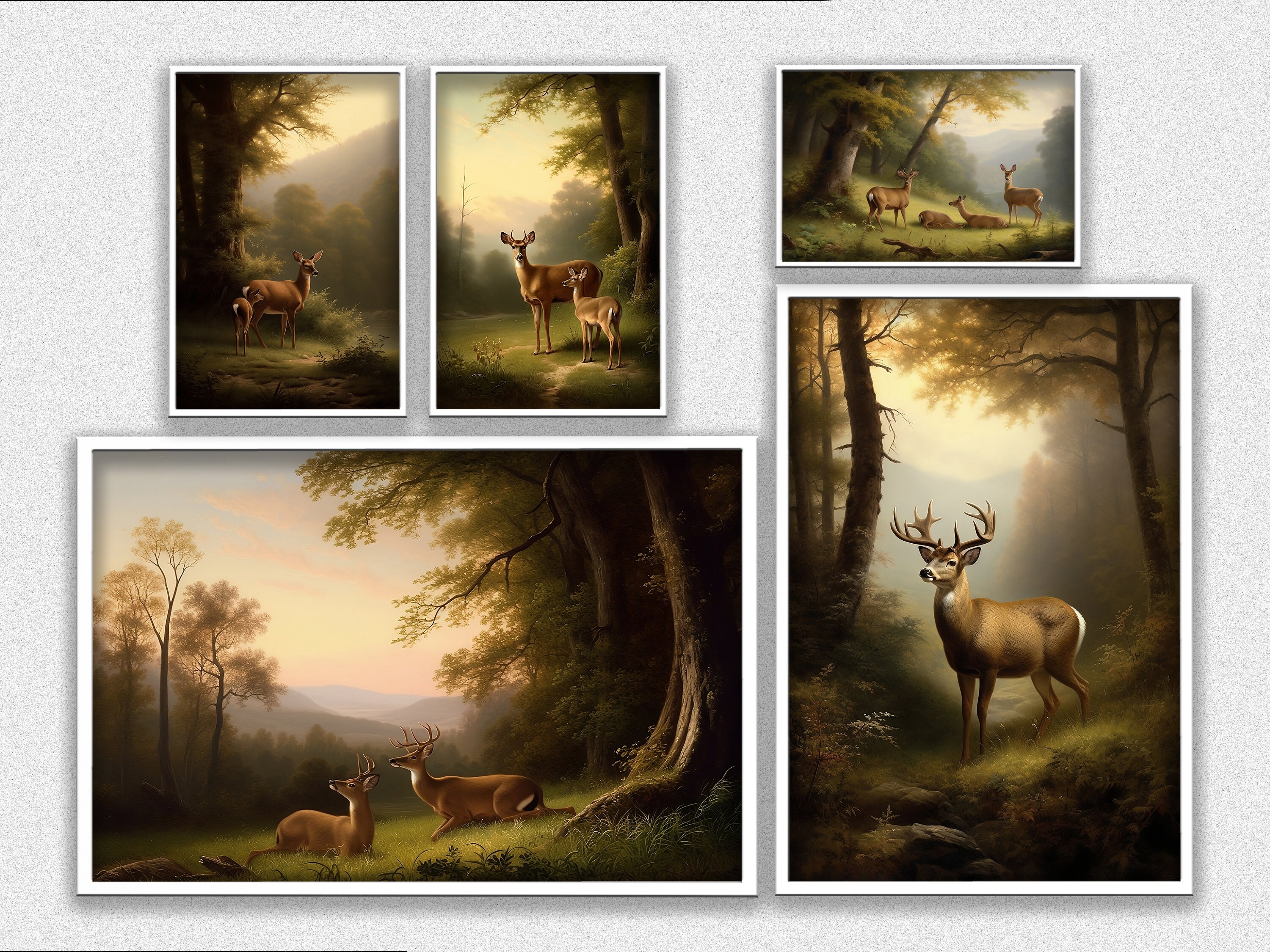 Rustic Deer Painting Set of 5 Vintage Landscape Hunting Deer Art ...