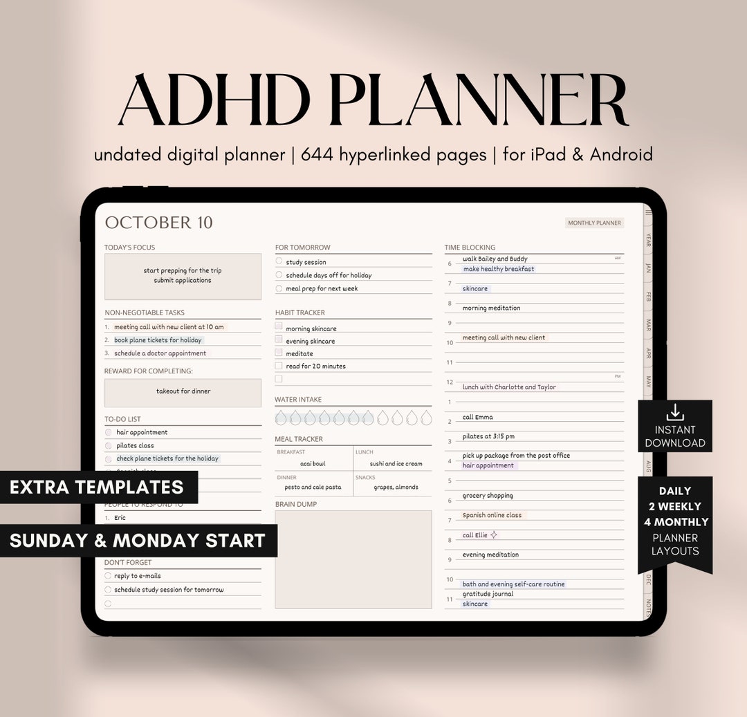 ADHD Digital Planner: Undated Daily, Weekly, Monthly (ipad & Android ...