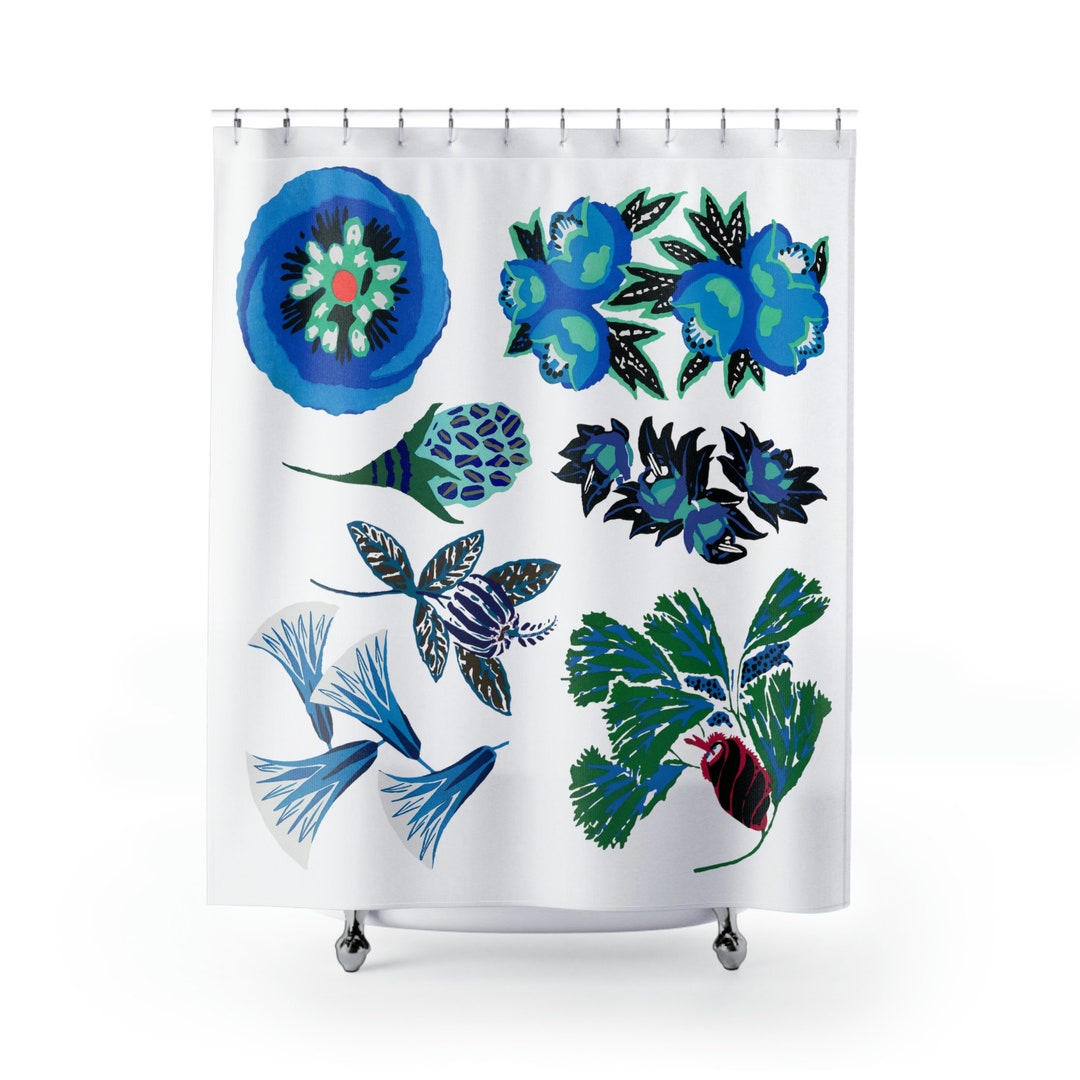 Retro Art Nouveau Shower Curtain Bathroom Art Decor Blue Flower ...