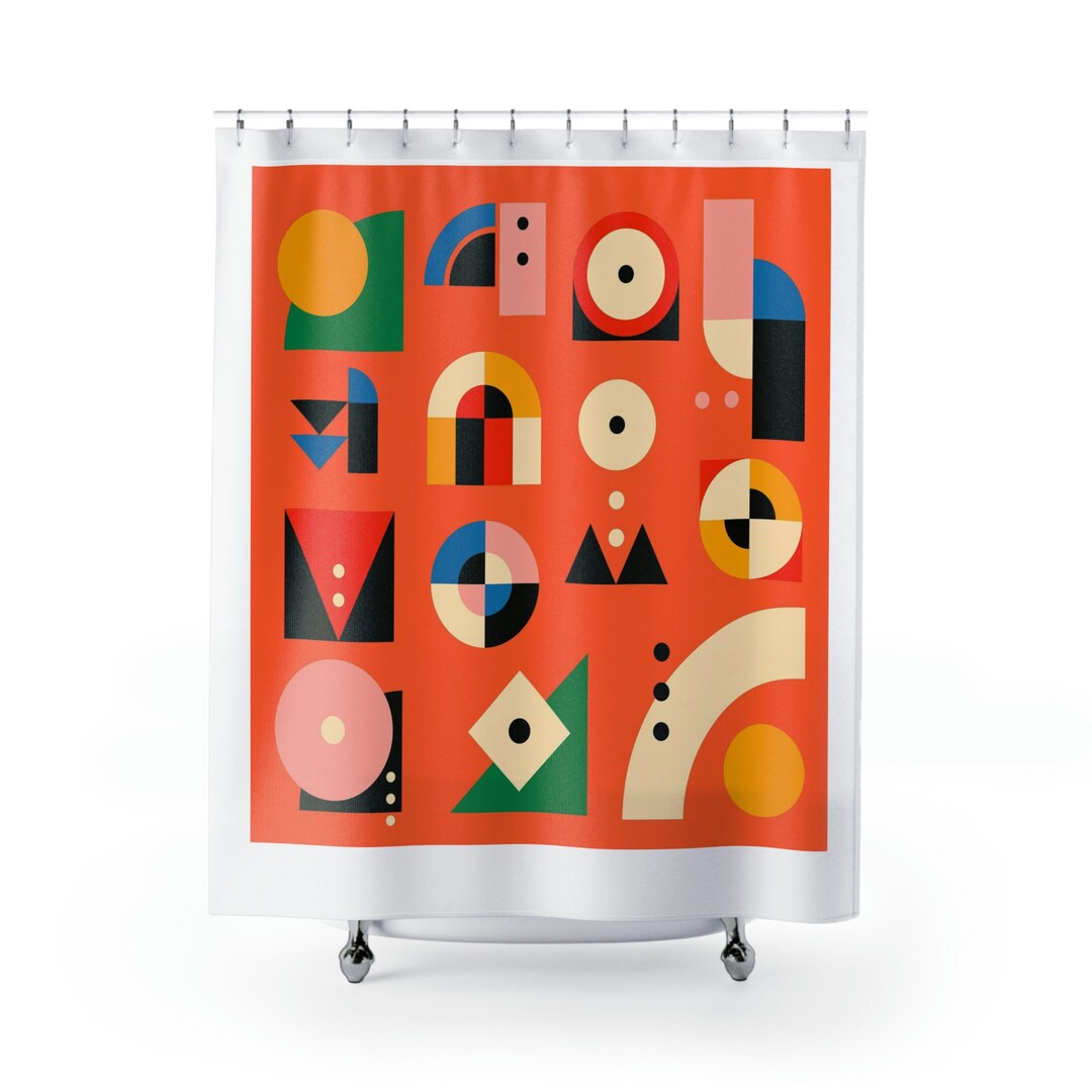 Shower Curtain Retro Art Nouveau Orange Abstract Shapes Bathroom Decor