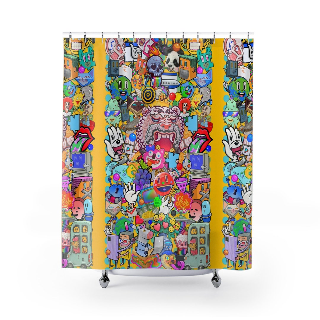 Graphiti Style Cartoon Long Fabric Shower Curtain Funny Funky Vintage ...