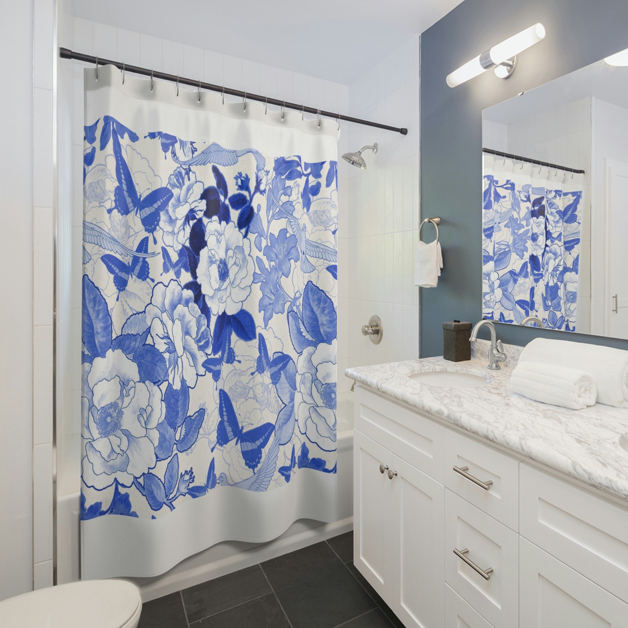 Retro Art Nouveau Art Deco Shower Curtain Bathroom Art Decor Blue ...