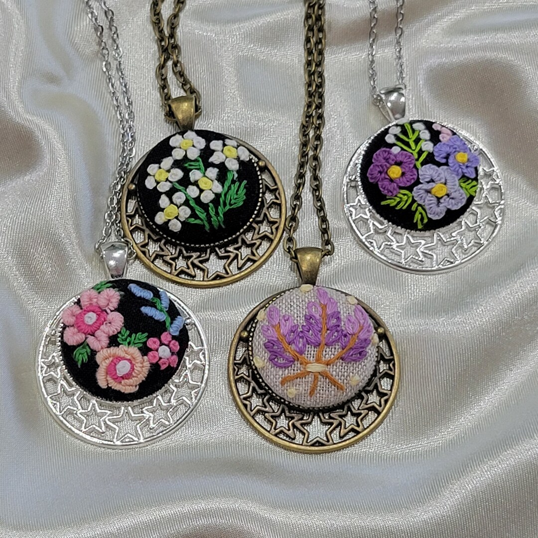 Handmade Floral Embroidered Necklace: Cotton Pendant Jewelry - Etsy