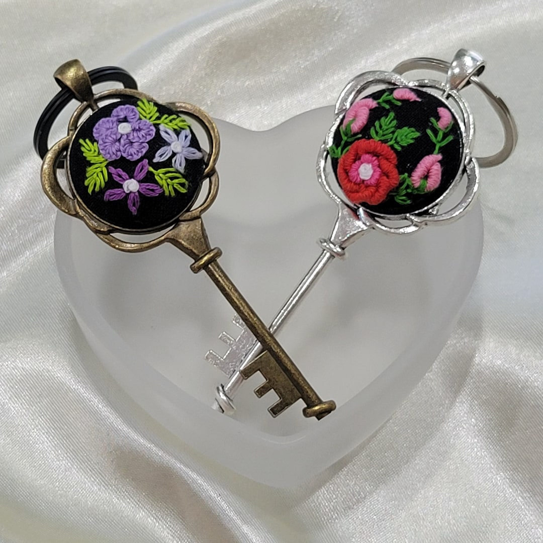 Embroidered Key-shaped Keychain | Handmade Keychain, Embroidered ...