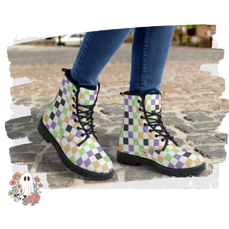Halloween Checkerboard Vegan Leather Classic Combat Boots Checkers ...