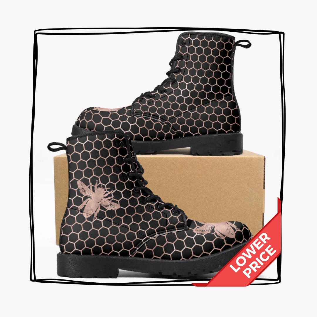 Blush Bees Honeycomb Vegan Leather Classic Combat Boots Bumble Bee Rose ...
