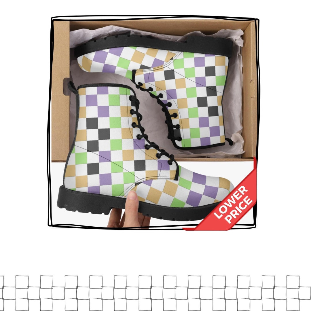 Halloween Checkerboard Vegan Leather Classic Combat Boots Checkers ...