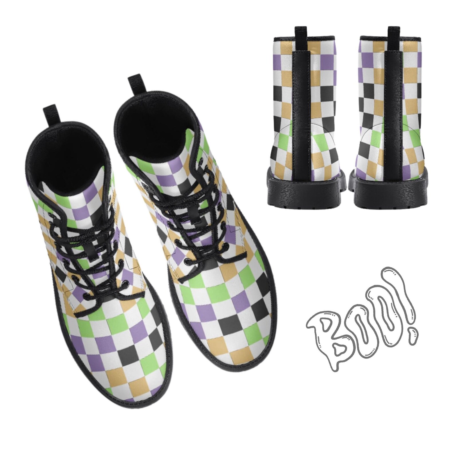 Halloween Checkerboard Vegan Leather Classic Combat Boots Checkers ...