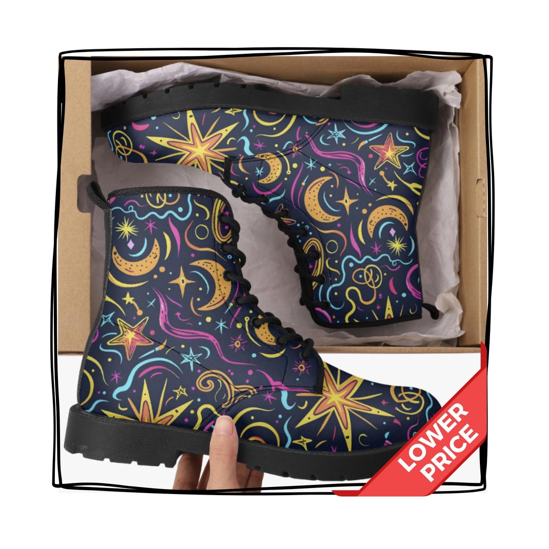 Neon Celestial Vegan Leather Classic Combat Boots Stars Moons Astrology ...