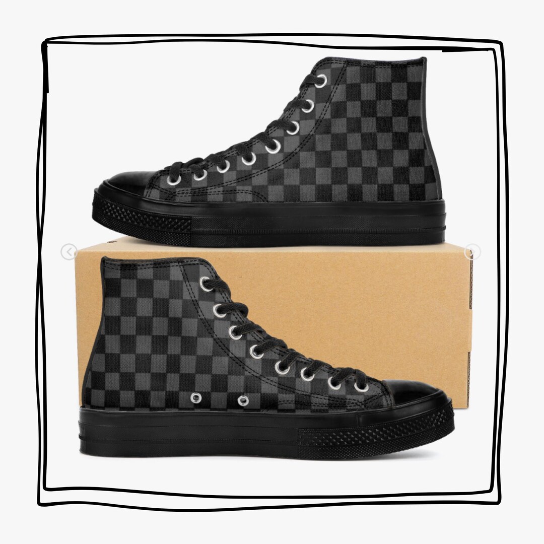 Black Checkerboard High-top Canvas Shoes Checkered Tennis Shoes Black ...