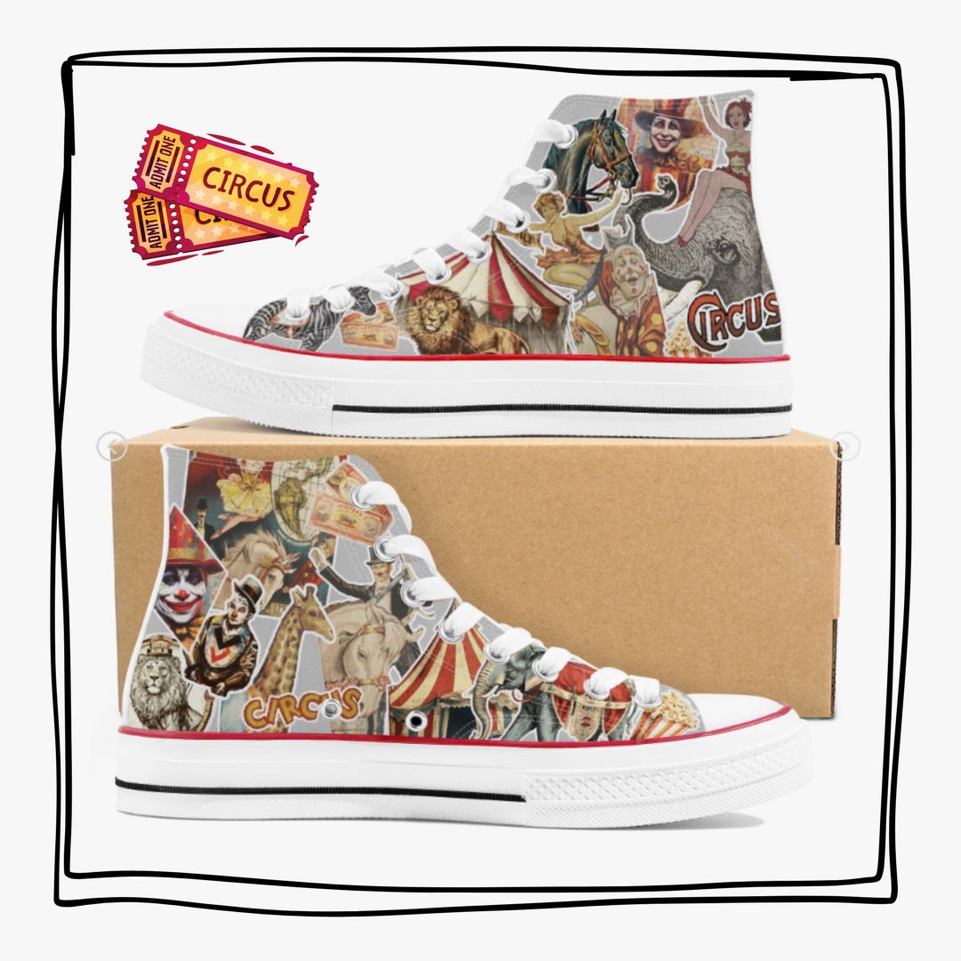 Carnival Circus White High Top Tennis Shoes Clown Shoes Big Top Canvas ...