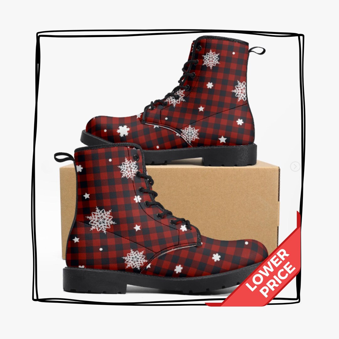 Red Flannel Snowflakes Vegan Leather Combat Boots Red Plaid Christmas ...