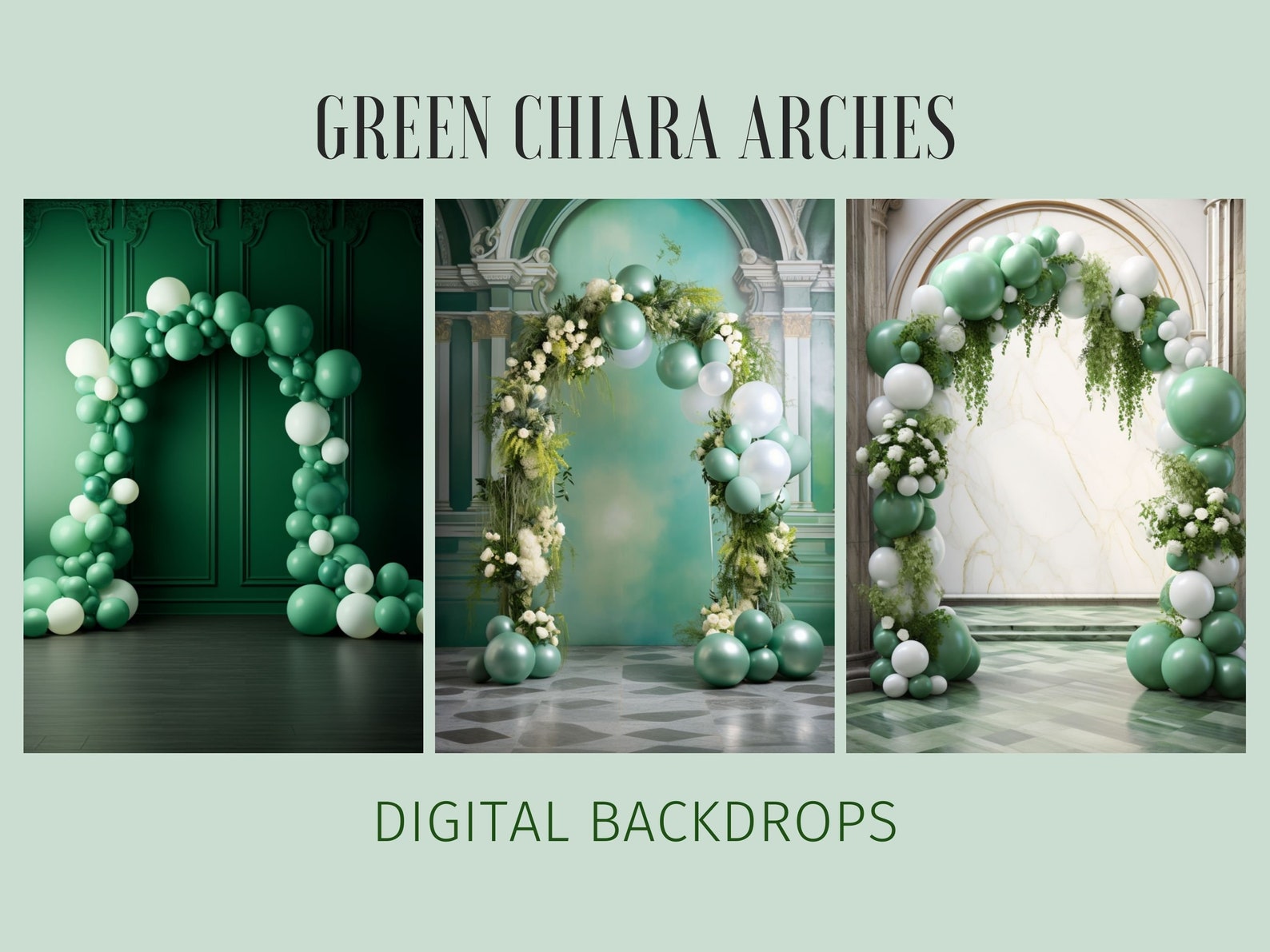 Green Vertical Chiara Arches Set of 16: Digital Backdrops for Elegant ...