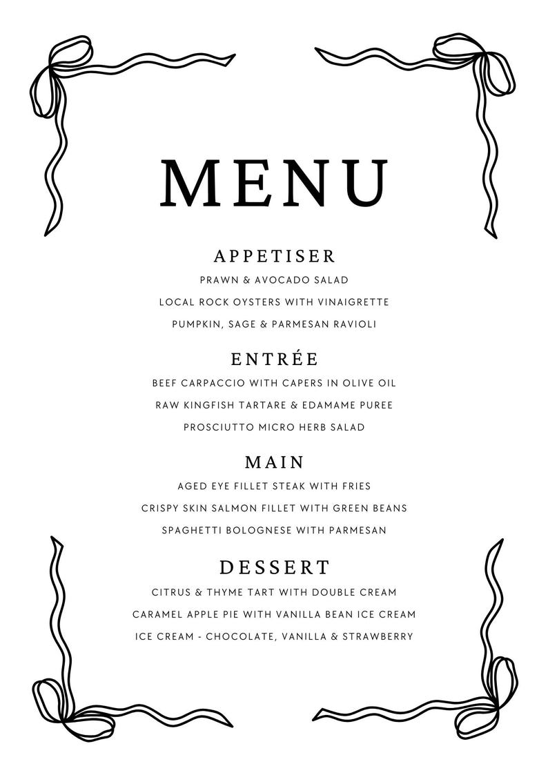 Black and White Classy Bow Dinner Party Menus Editable - Etsy