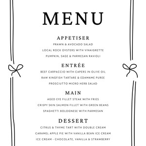 Black and White Classy Bow Dinner Party Menus Editable - Etsy