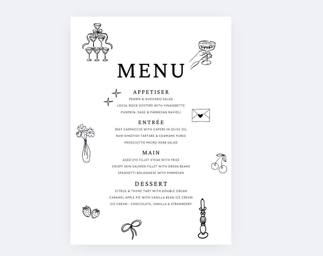 Black and White Classy Bow Dinner Party Menus Editable - Etsy
