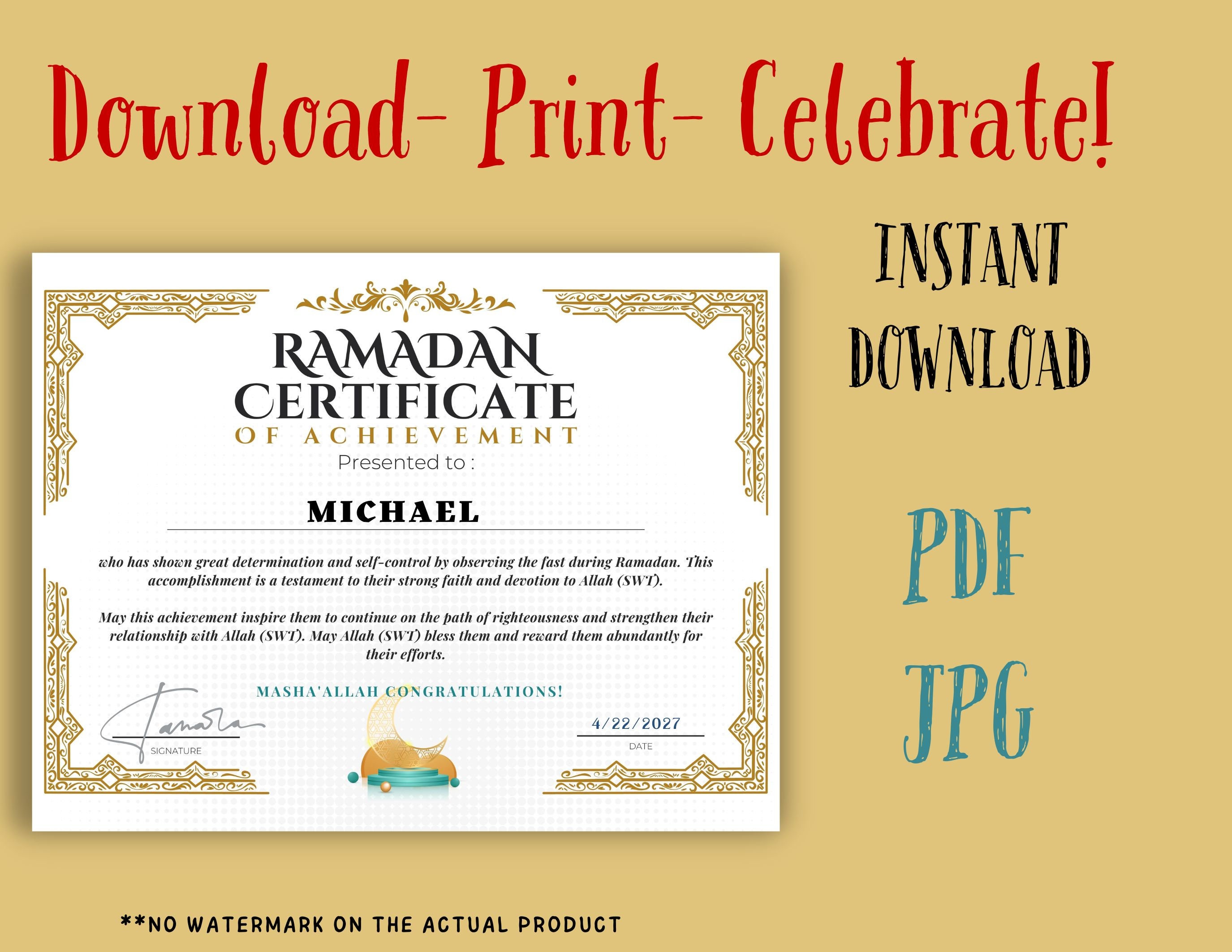 New Muslim Certificate of Fasting- PRINTABLE ART. Eid Gift. Ramadan ...