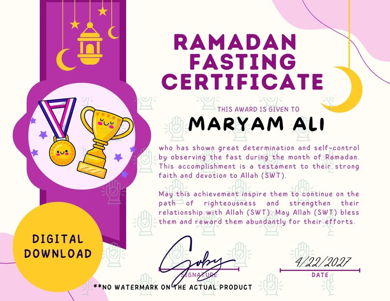 Eid Game- PRINTABLE Certificate Celebrating Fasting Kids During Your ...