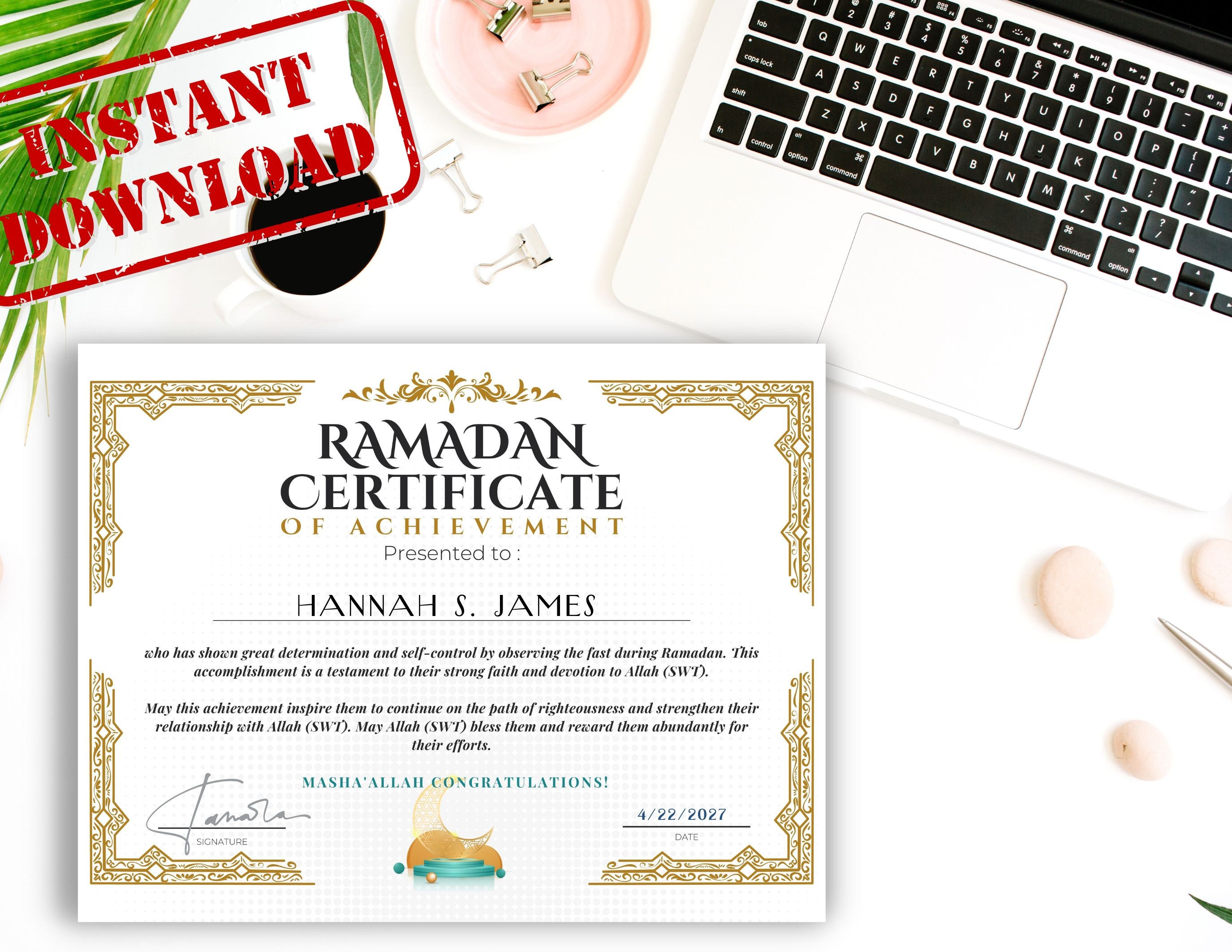 New Muslim Certificate of Fasting- PRINTABLE ART. Eid Gift. Ramadan ...