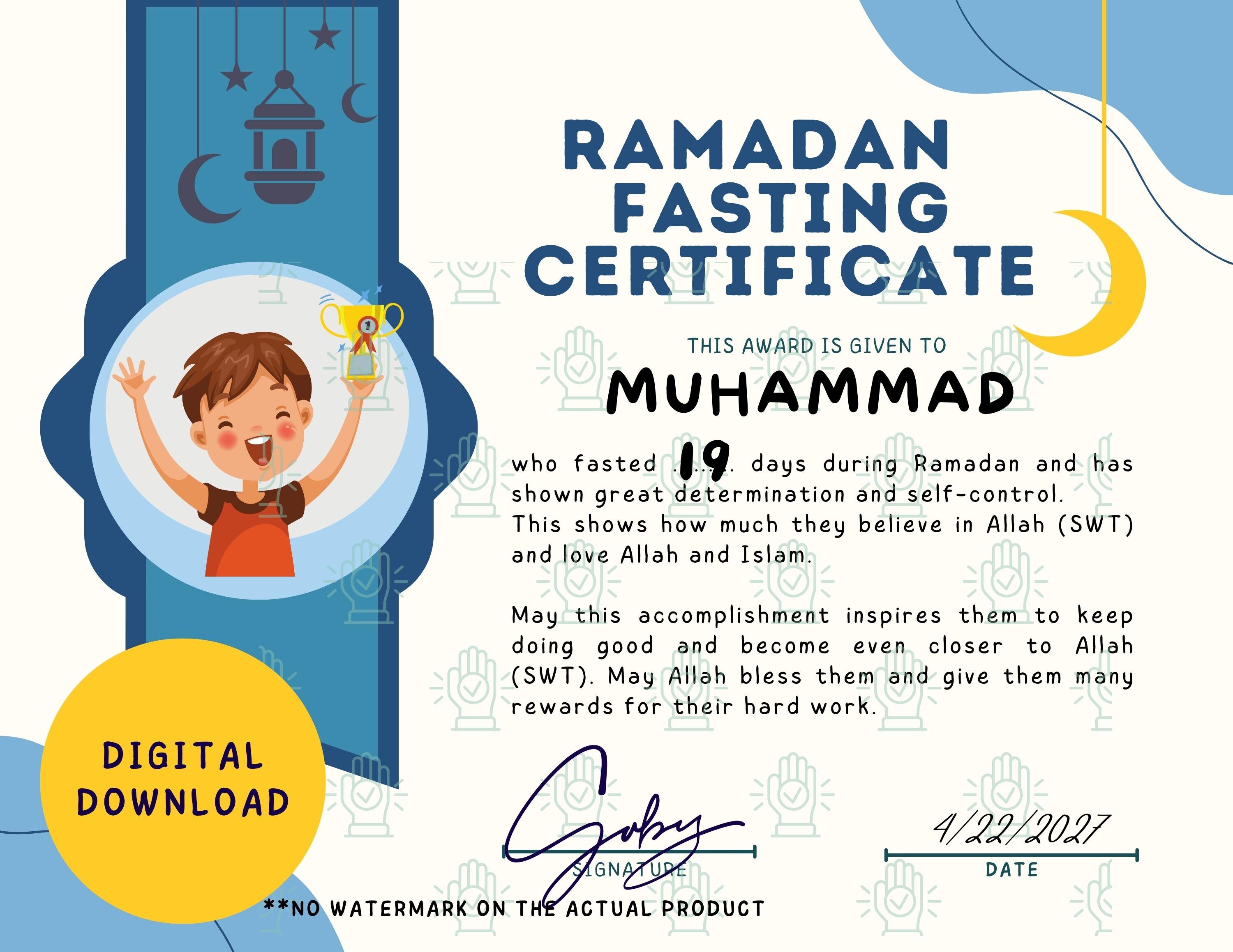 Eid Game- PRINTABLE Certificate Celebrating Fasting Kids During Your ...