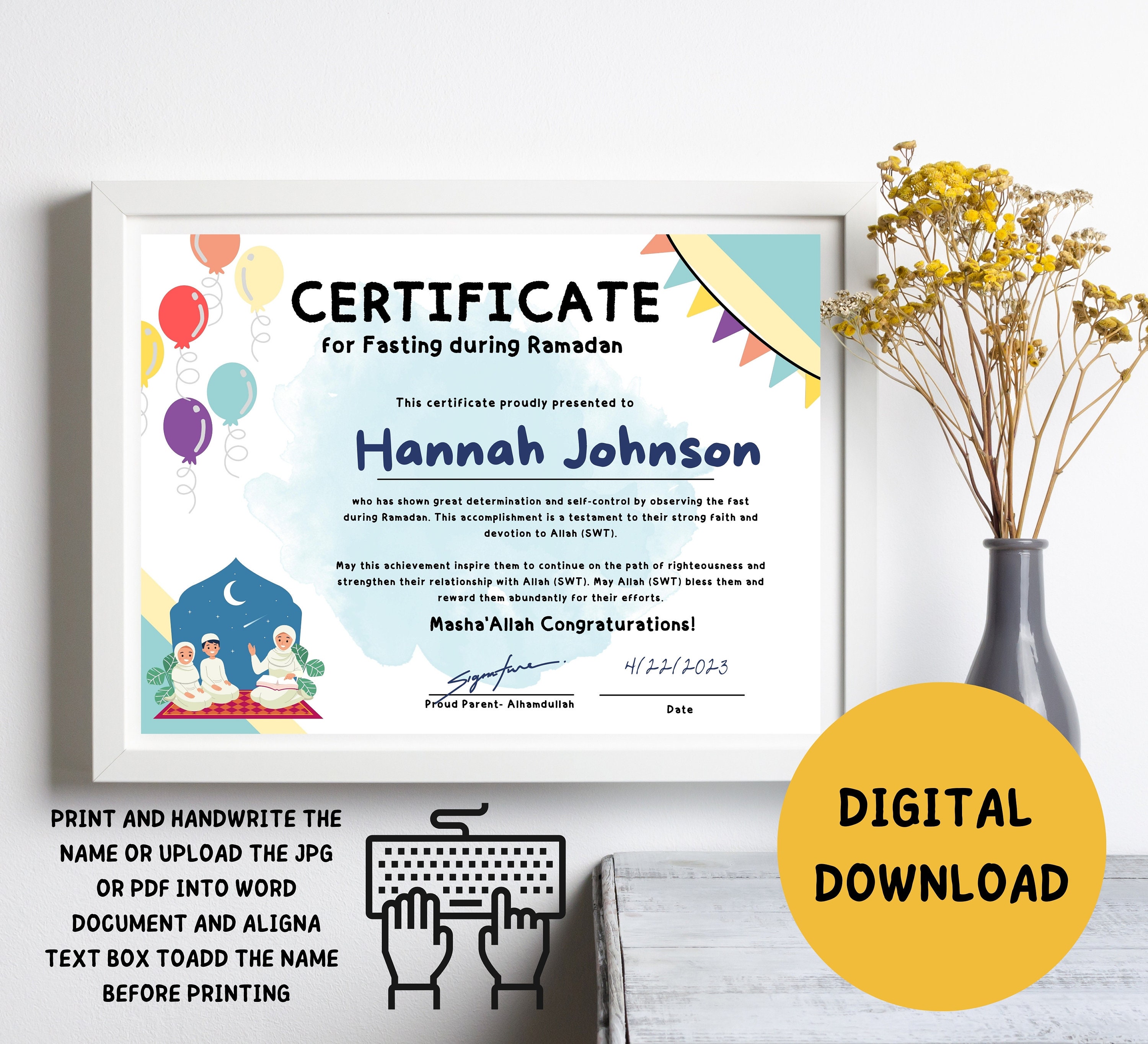 Certificate of Fasting- PRINTABLE ART. Ramadan Certificate, First ...