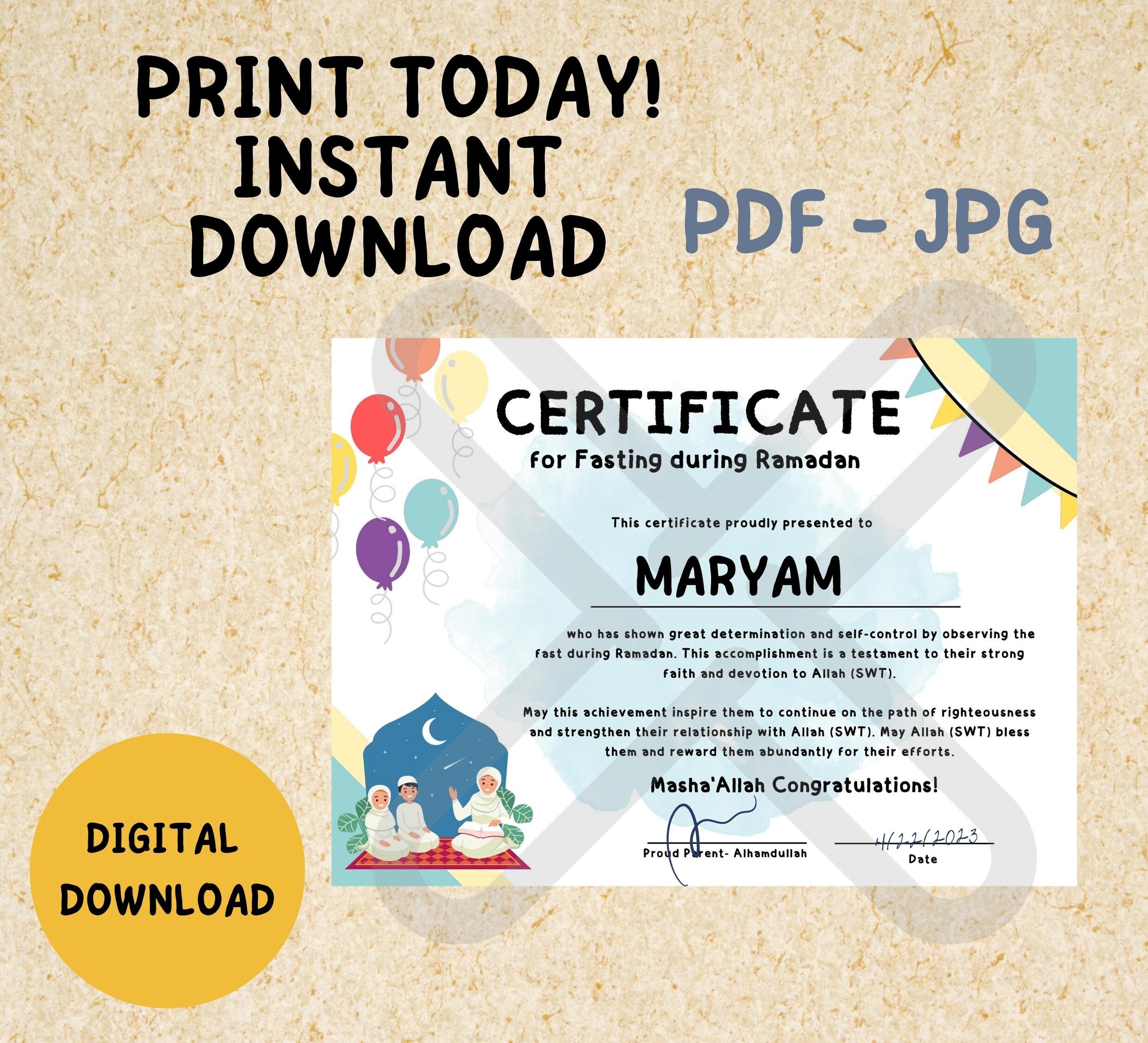 Certificate of Fasting- PRINTABLE ART. Ramadan Certificate, First ...