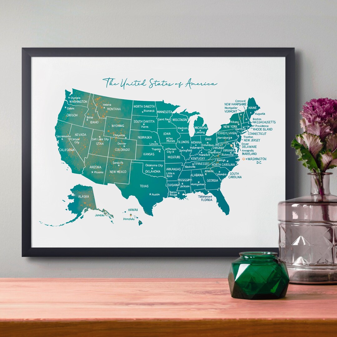 Teal United States Map Print - States and Capitals - USA Poster ...