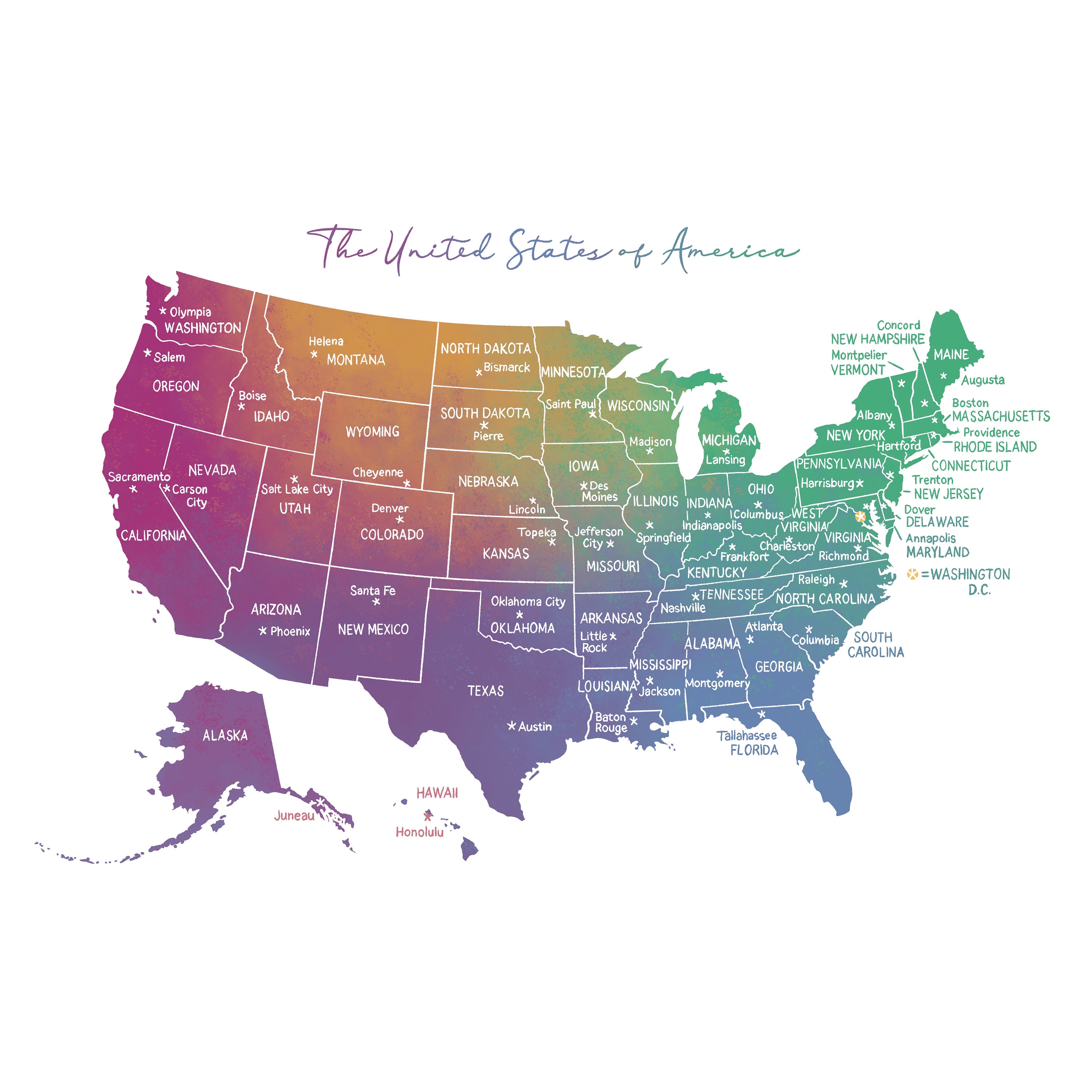 Rainbow United States Map Print - USA Poster, Printable Educational ...