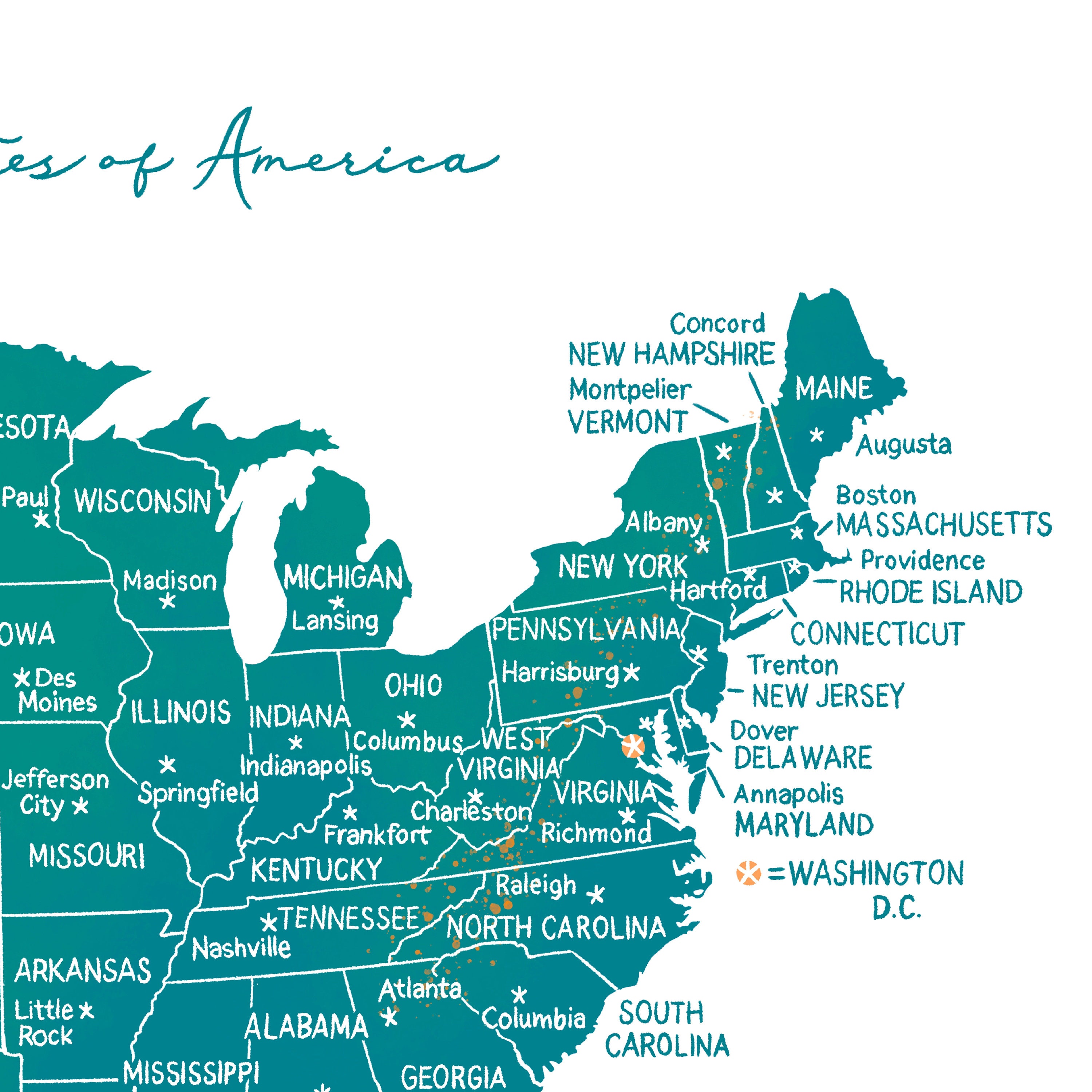 Teal United States Map Print - States and Capitals - USA Poster ...