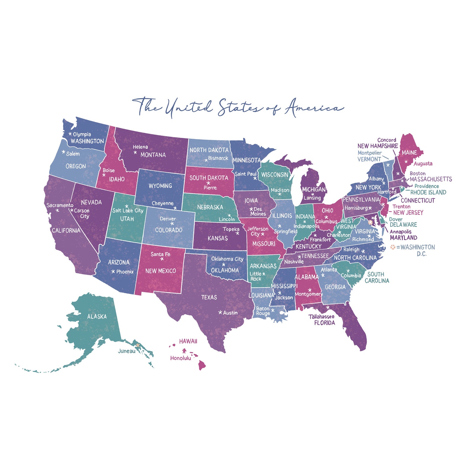 Colorful United States Map Print Blue, Purple, Teal USA Poster ...