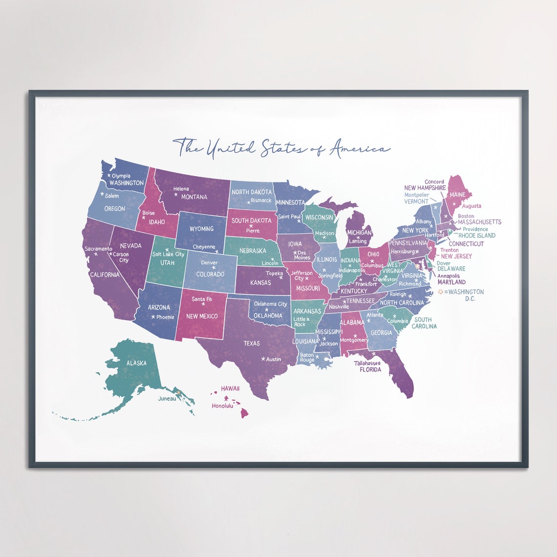 Colorful United States Map Print - Blue, Purple, Teal - USA Poster ...