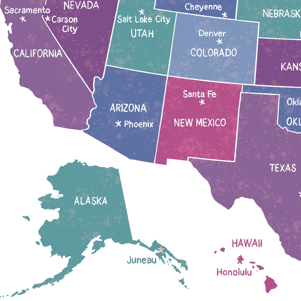 Colorful United States Map Print Blue, Purple, Teal USA Poster ...