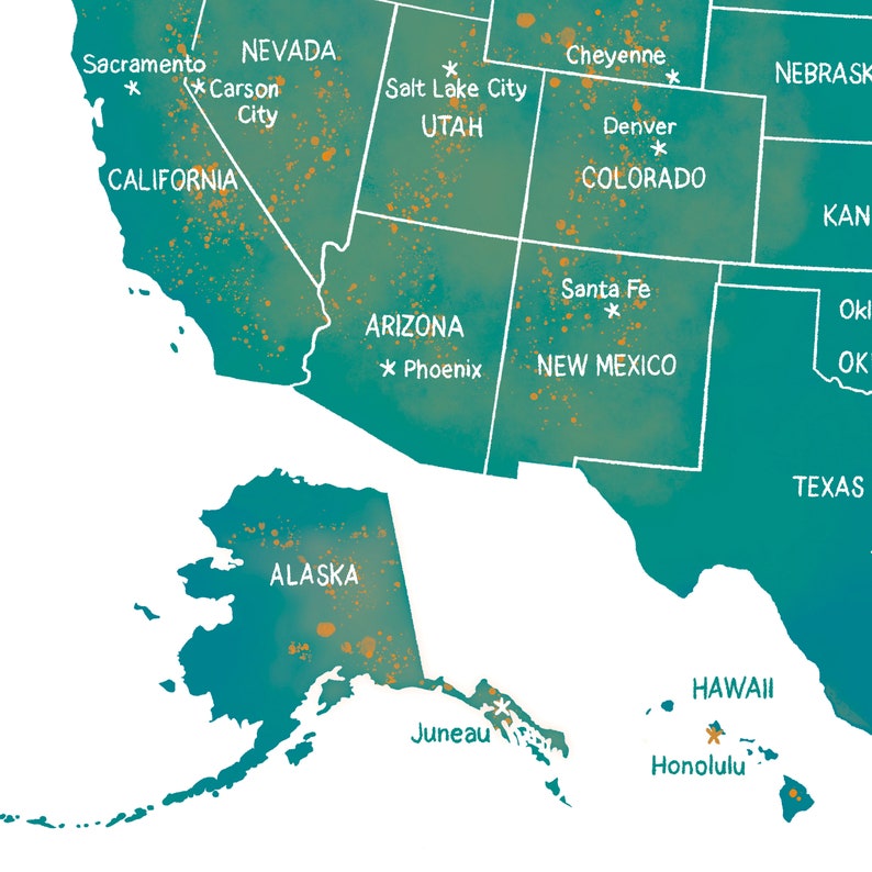 Teal United States Map Print - States and Capitals - USA Poster ...