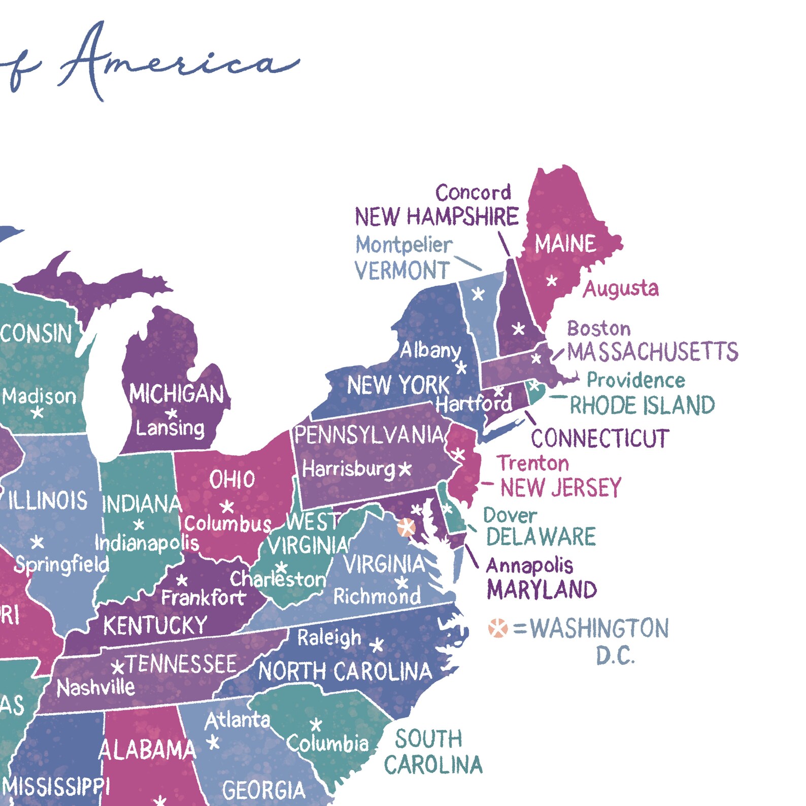 Colorful United States Map Print - Blue, Purple, Teal - USA Poster ...