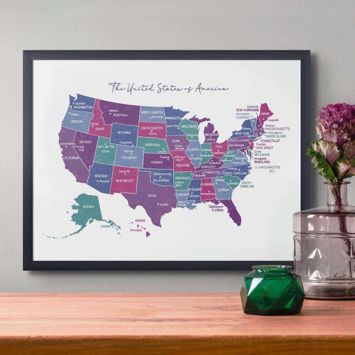 Colorful United States Map Print Blue, Purple, Teal USA Poster ...
