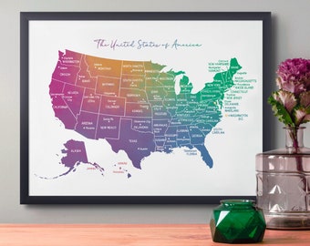 Colorful United States Map Print - Blue, Purple, Teal - USA Poster ...