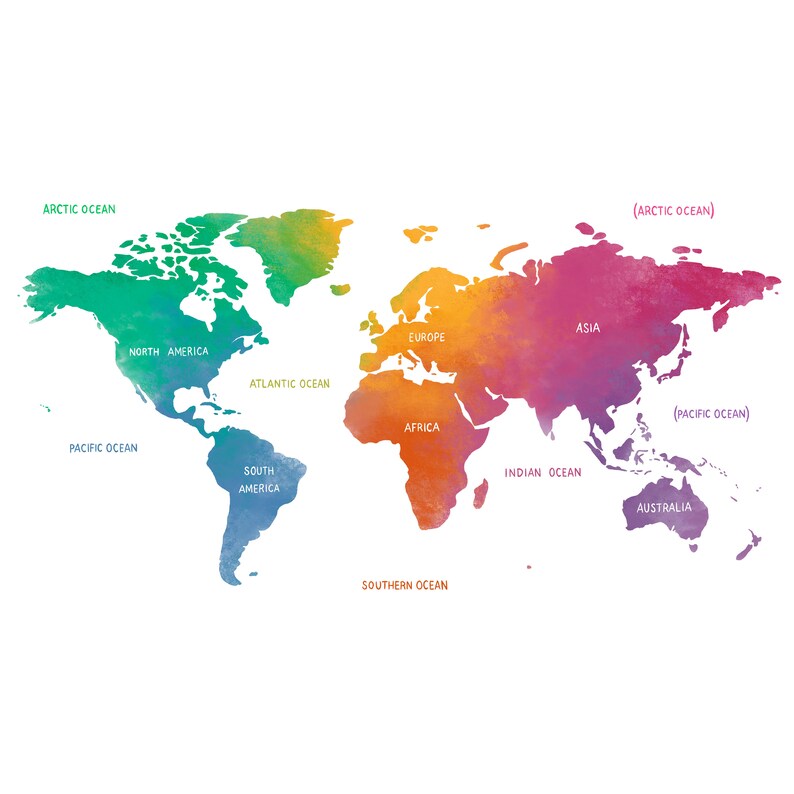 Rainbow World Map Print - World Poster, Printable Educational Wall Art ...