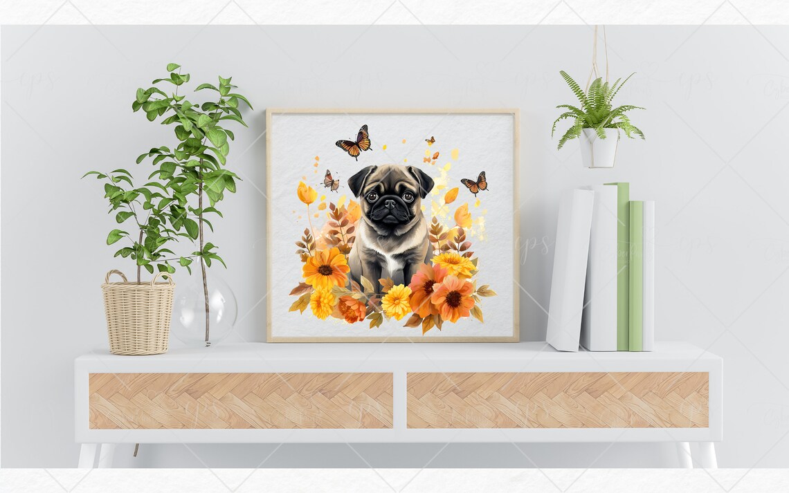Watercolor Pugs in Autumn, Halloween Dogs in Autumn, Instant Download ...