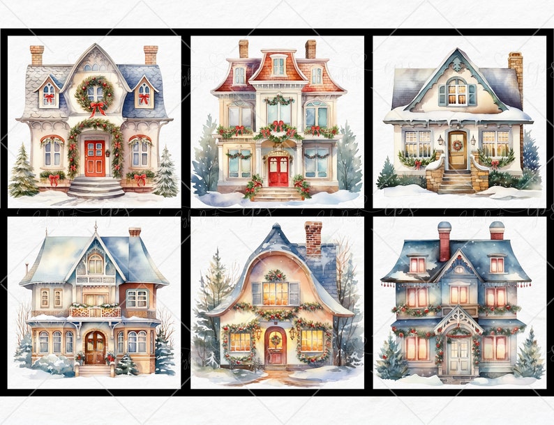 Watercolor Christmas House Winter Houses With Christmas Decoration ...