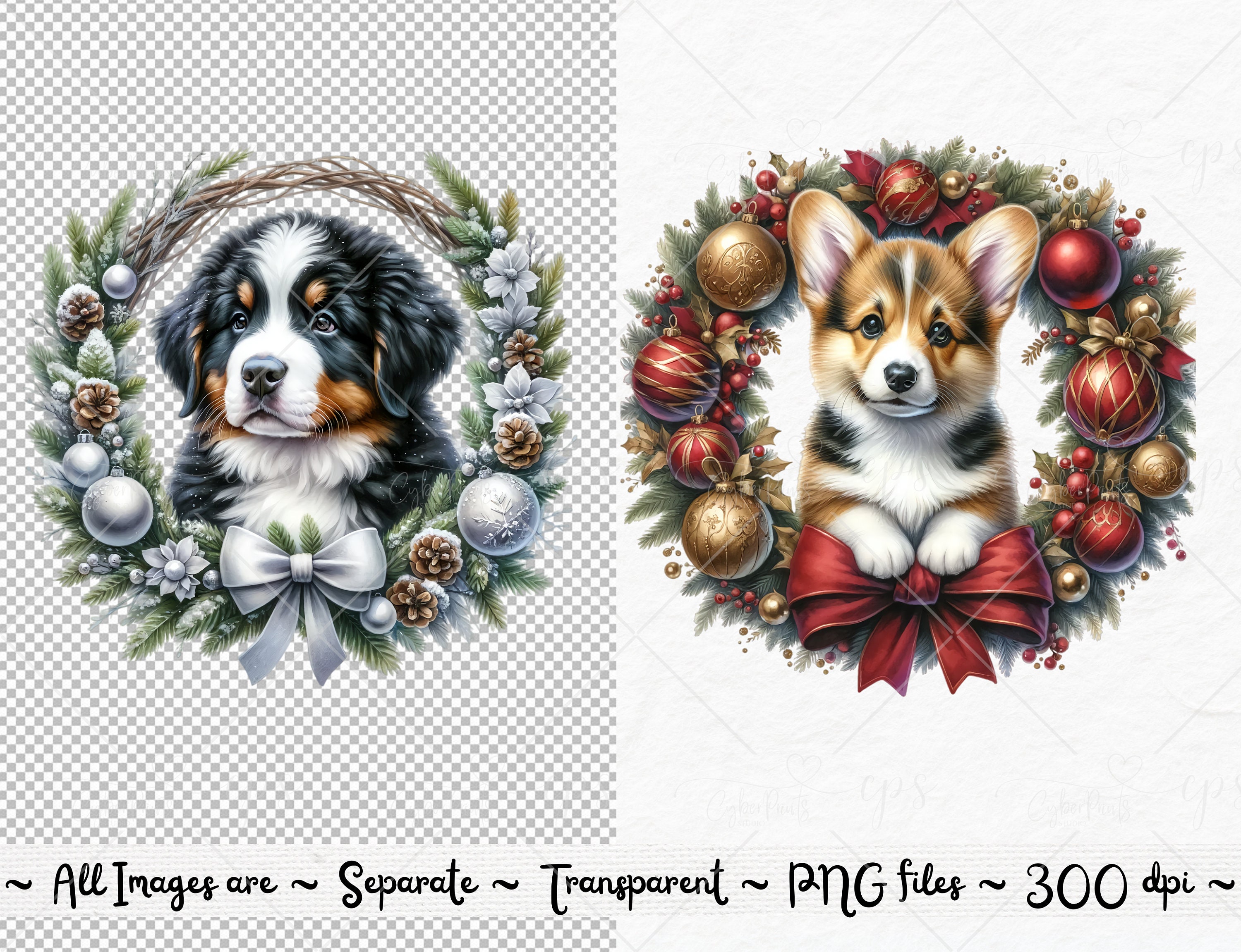 Christmas Puppy Wreaths Watercolor Dog Clipart Bundle 92 PNG Festive ...