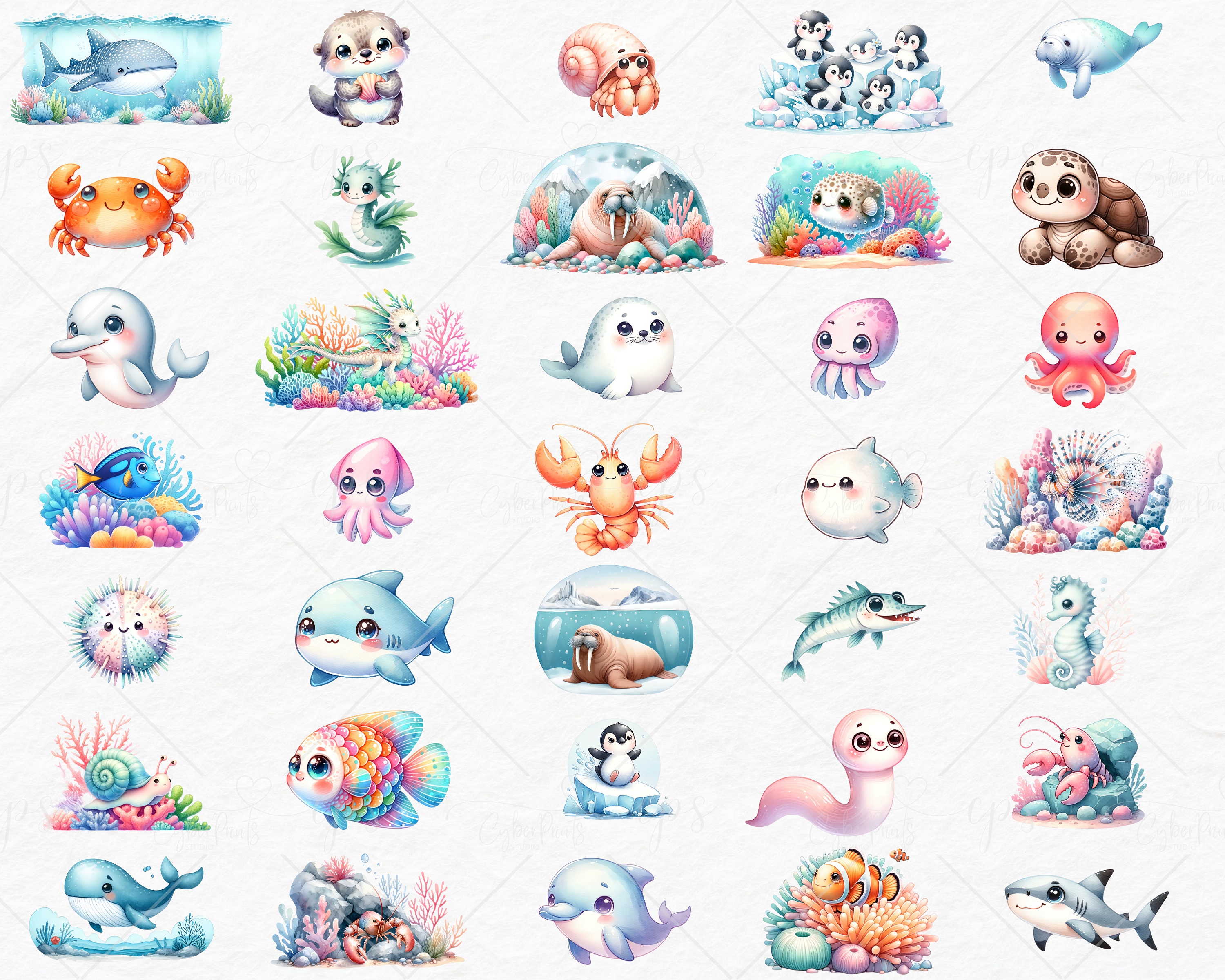 Sea Animals Watercolor Clipart Bundle - 238 PNG Cute Marine Animal ...