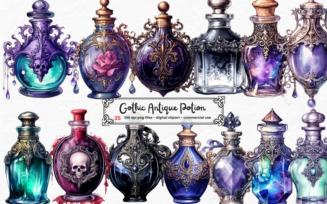 Watercolor Potions Clipart - Gothic Watercolor Potion Bottles in PNG ...