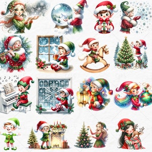 BIG BUNDLE Christmas Elves Watercolor Clipart, Festive Elf Christmas ...