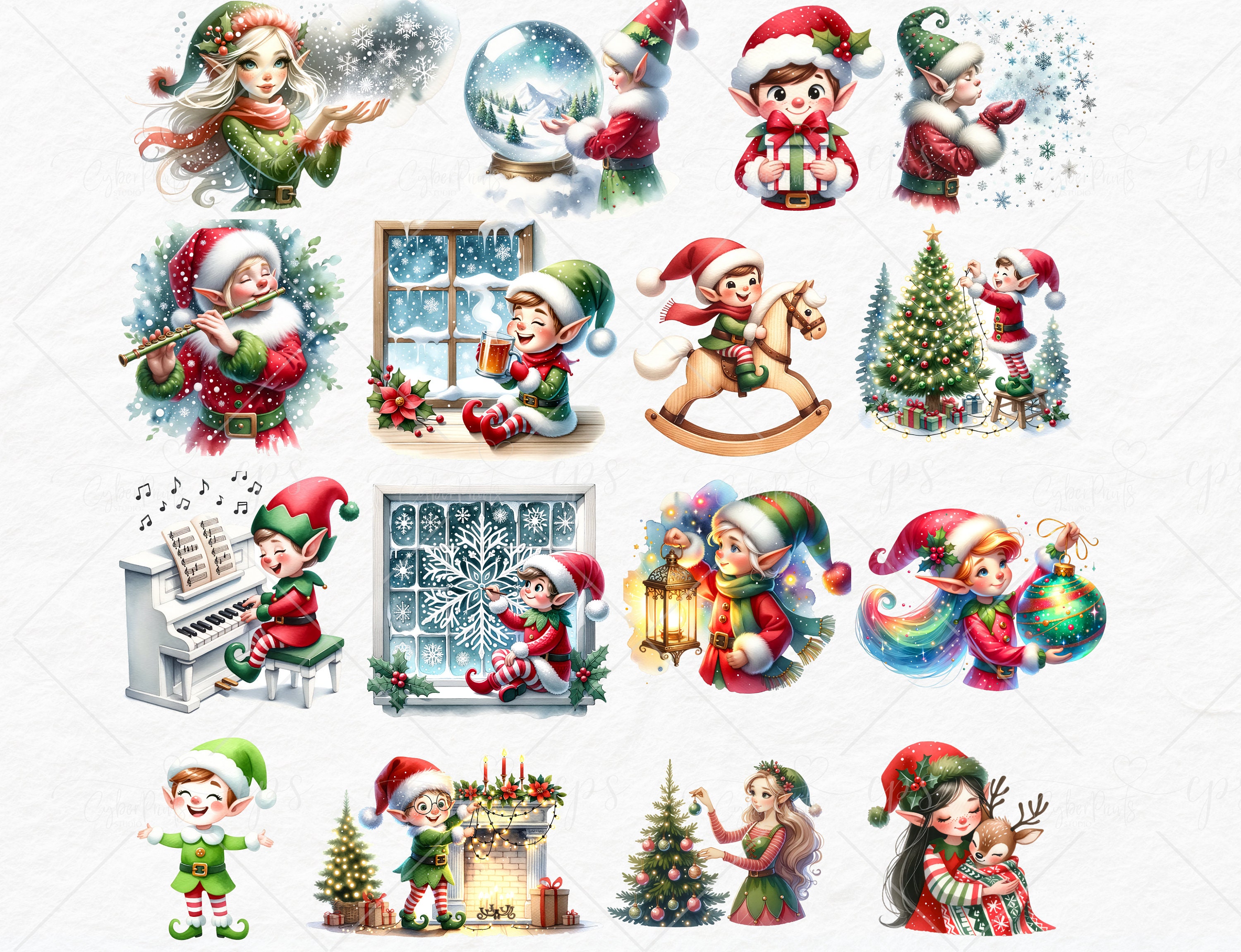 BIG BUNDLE Christmas Elves Watercolor Clipart, Festive Elf Christmas ...