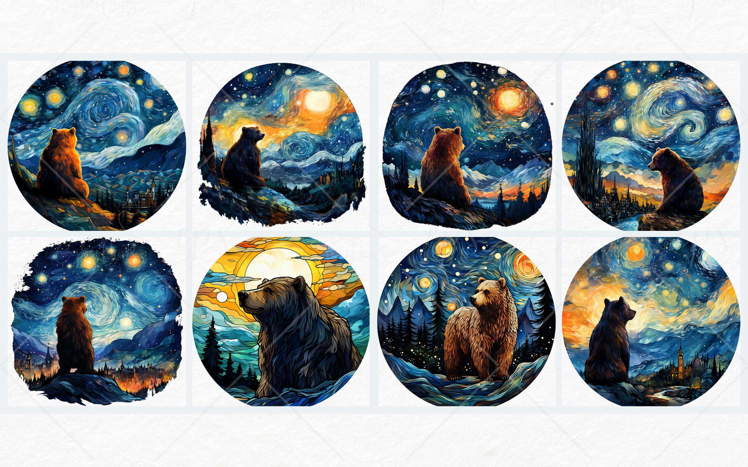 Starry Night Bears, Bears Clipart, Van Gogh Bears, Forest Animals PNG Format Instant Download ...
