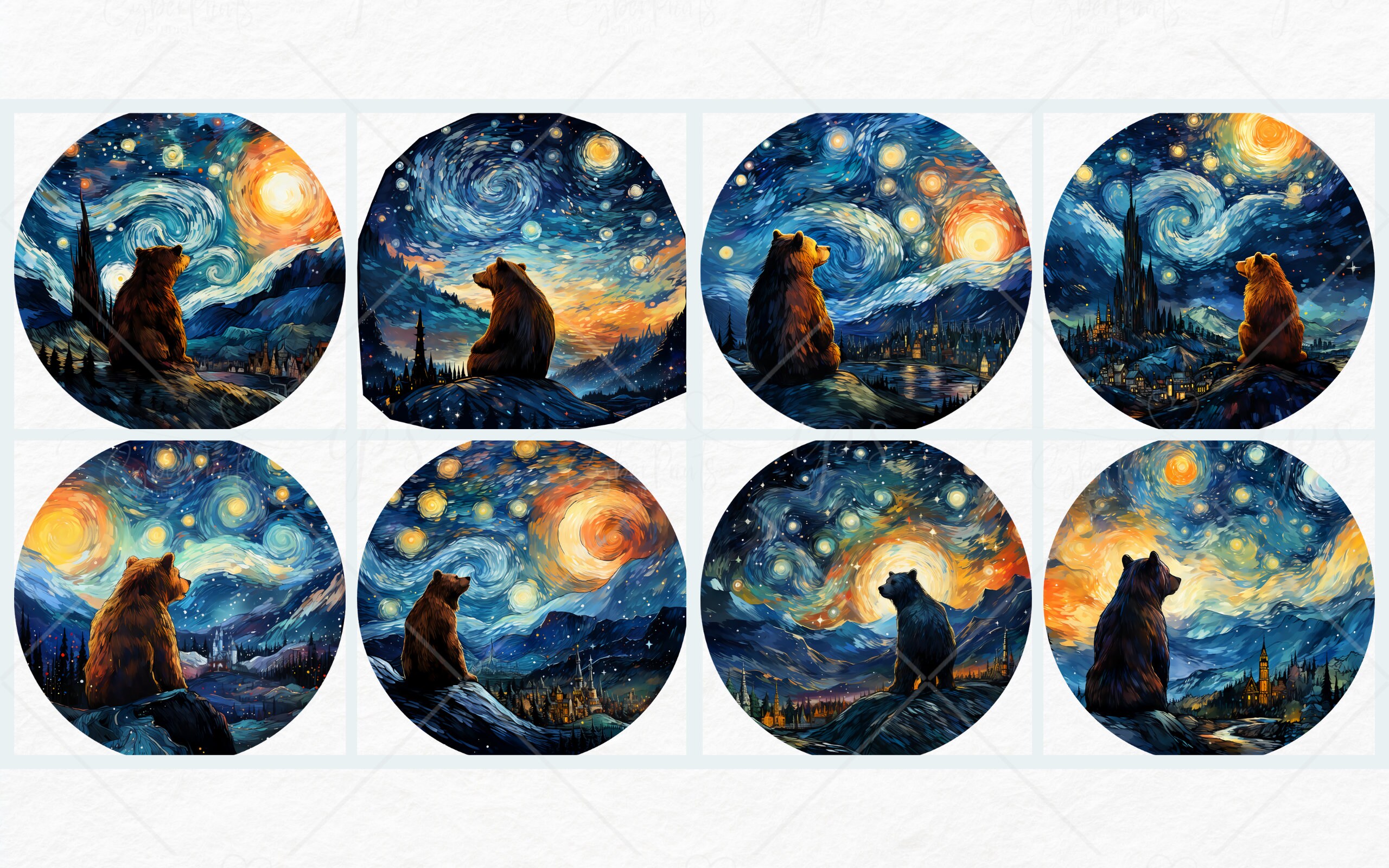 Starry Night Bears, Bears Clipart, Van Gogh Bears, Forest Animals PNG Format Instant Download ...