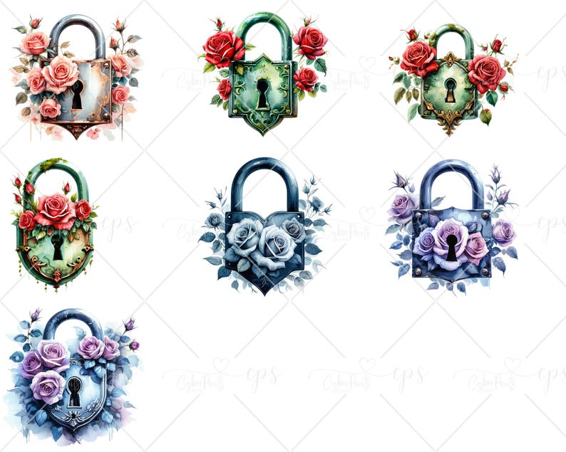 Floral Lock Clipart Bundle - 49 Watercolor Padlock and Rose ...