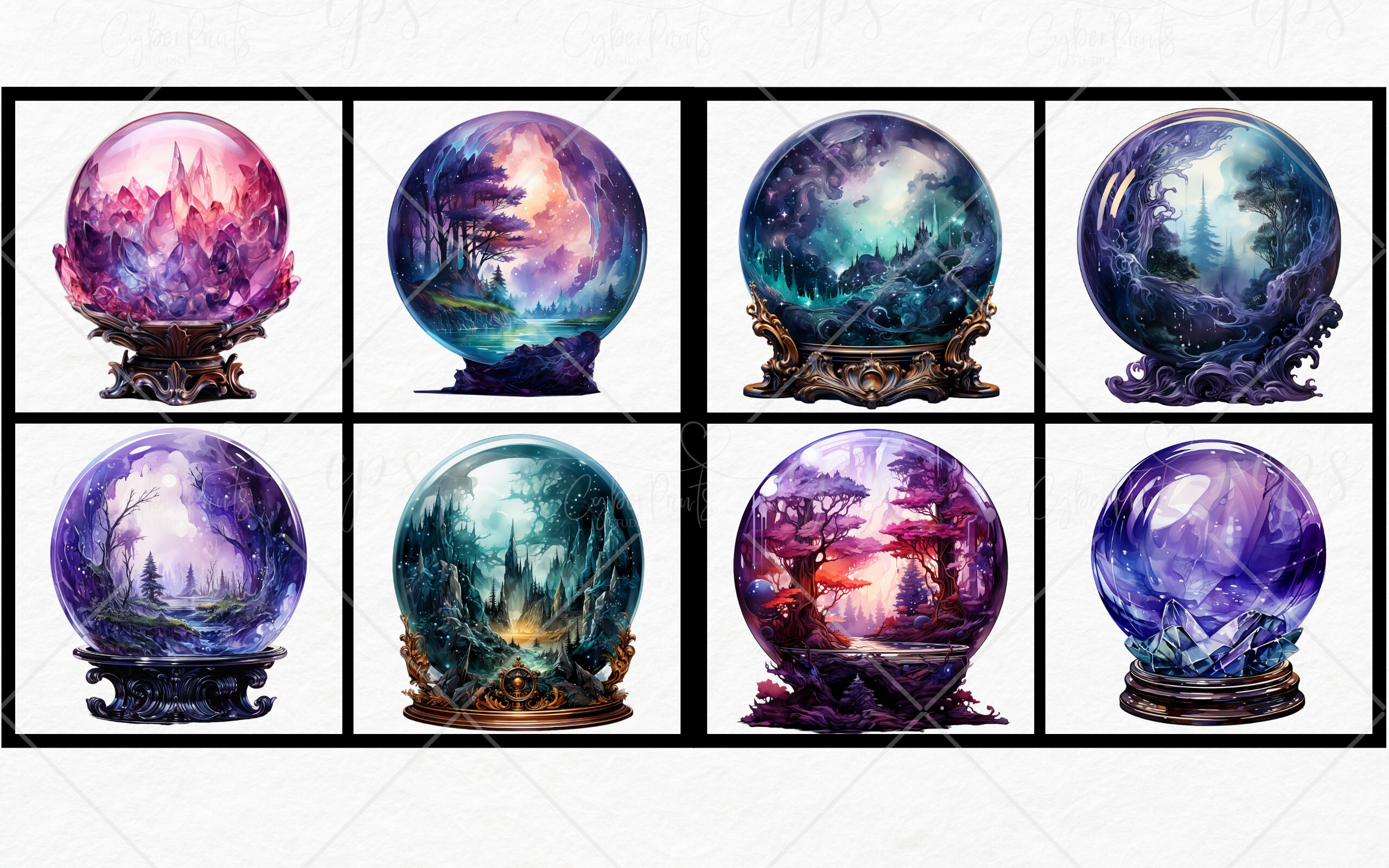 Watercolor Crystal Balls Clipart - Fantasy Magic Celestial Watercolor ...