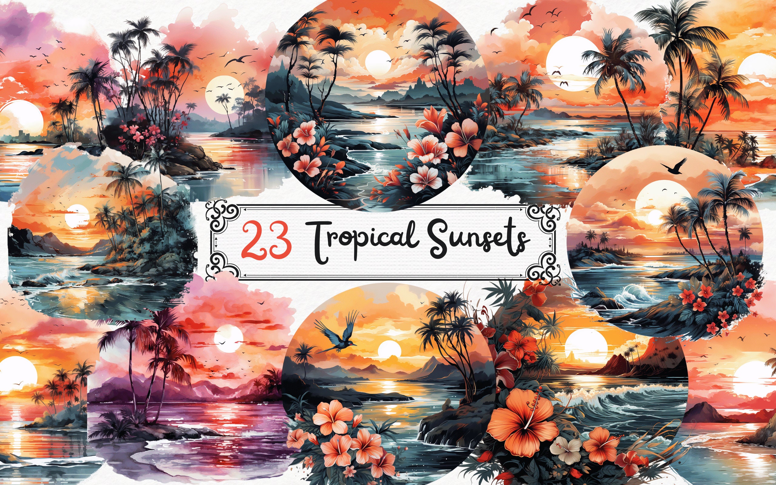 Watercolor Tropical Sunsets Clipart Wall Art, Digital Graphics, Beach ...