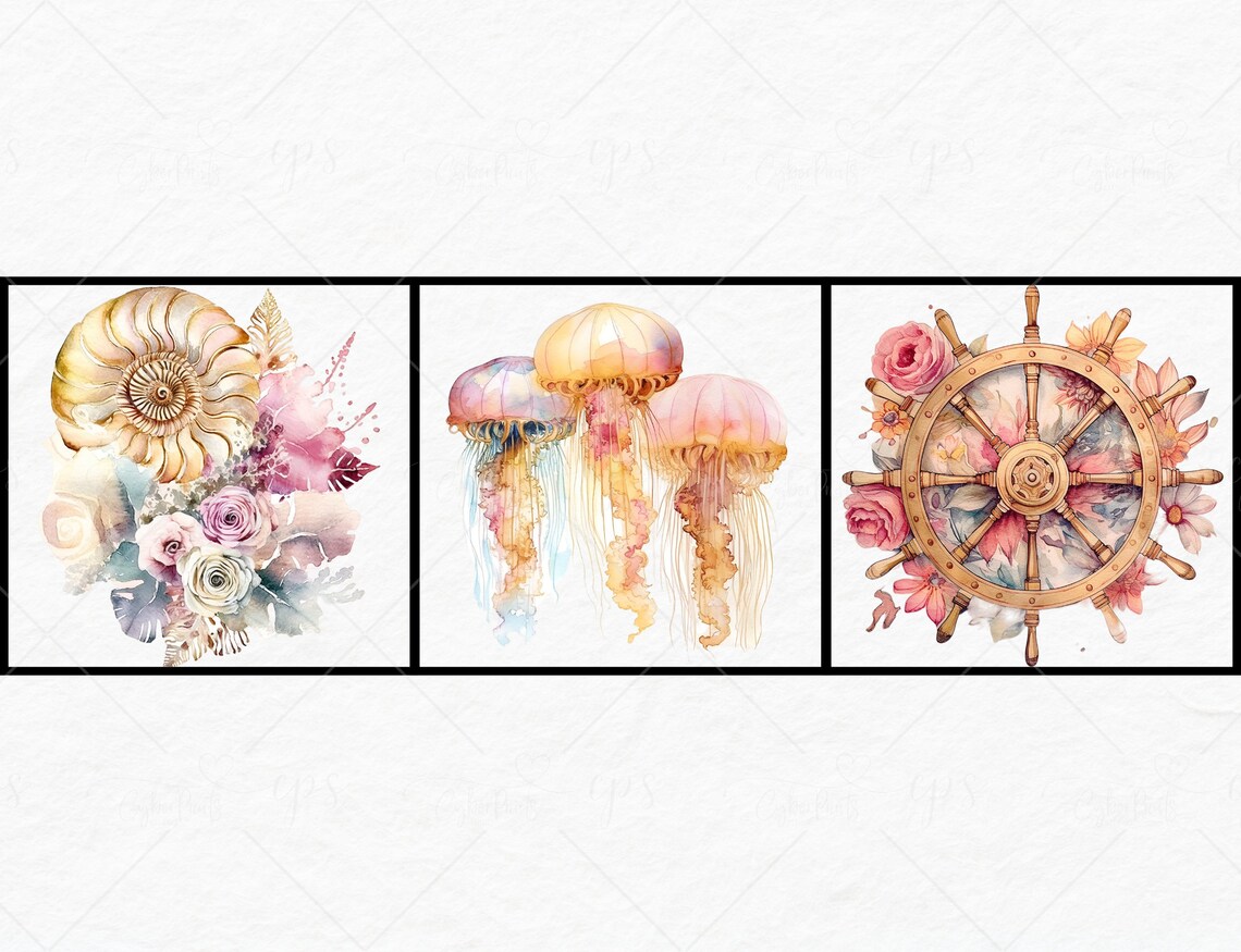 Watercolor Boho Nautical Clipart Ocean Beach Wedding PNG Format Instant ...